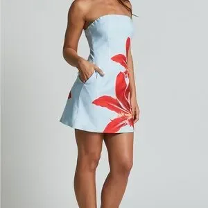 Runaway The Label | Dresses | Strapless Floral Dress In Light Blue And ...